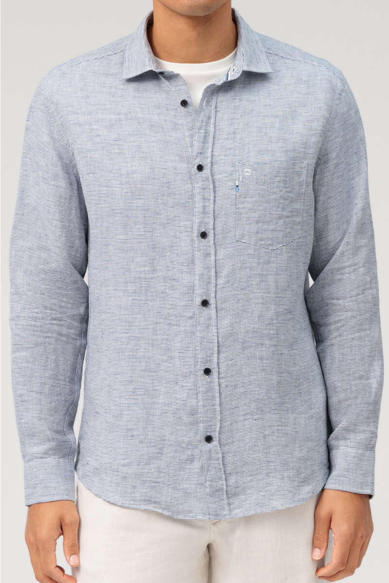 OLYMP Casual Regular Fit Linnen Overhemd marine, Gestreept | Overhemden.com