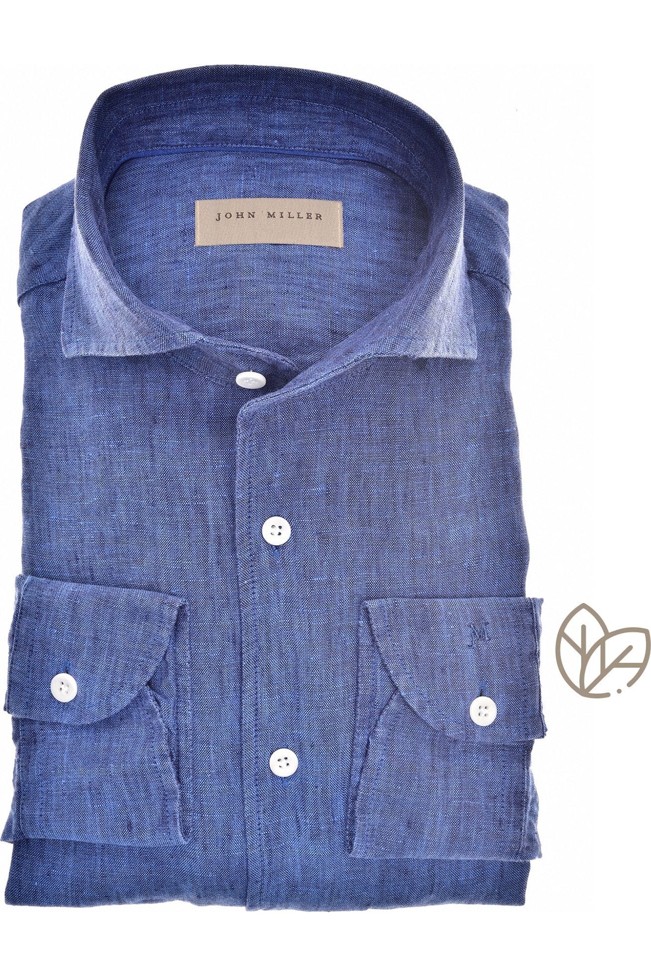 John Miller Slim Fit Linnen Overhemd donkerblauw, Effen | Overhemden.com