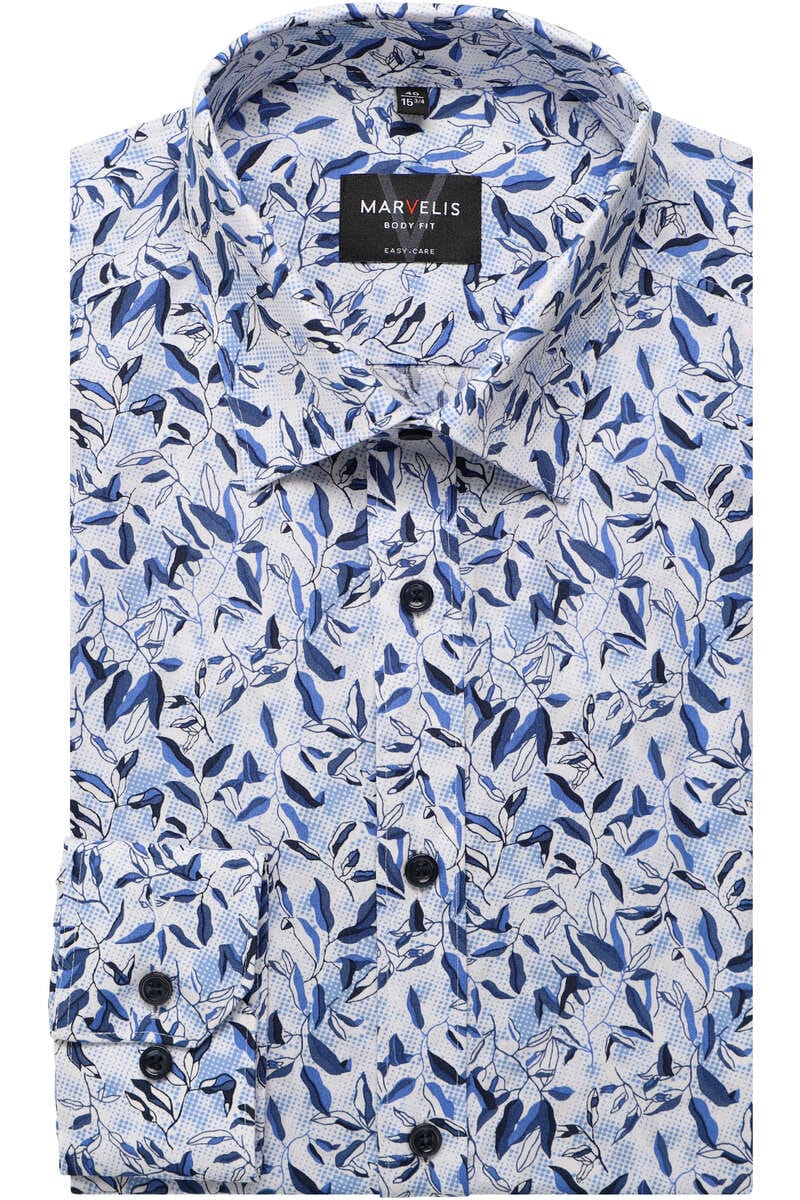 Marvelis Body Fit Overhemd blauw/wit, Bloemen | Overhemden.com
