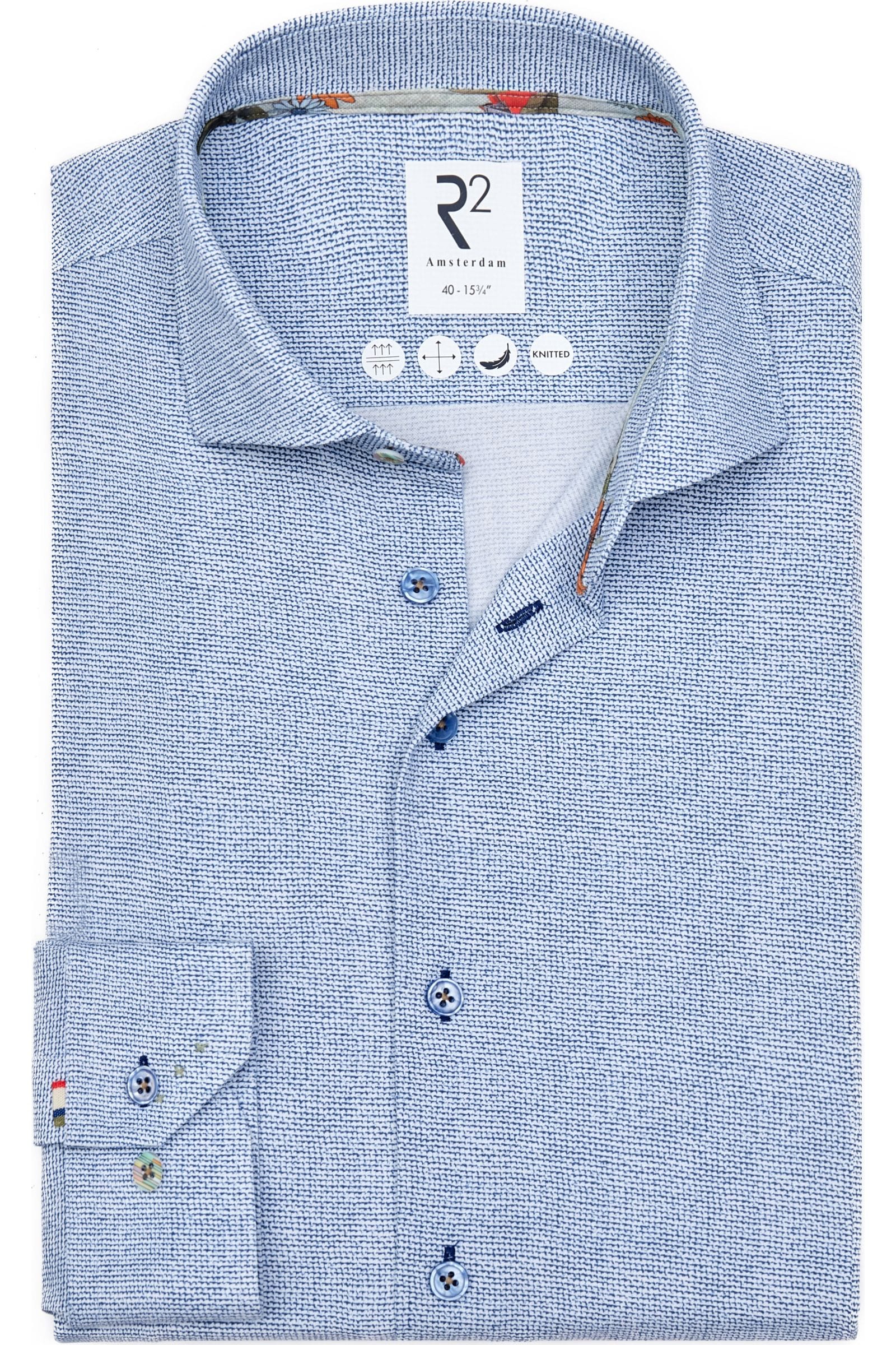 R2 Amsterdam Modern Fit Jersey shirt blauw, Effen | Overhemden.com
