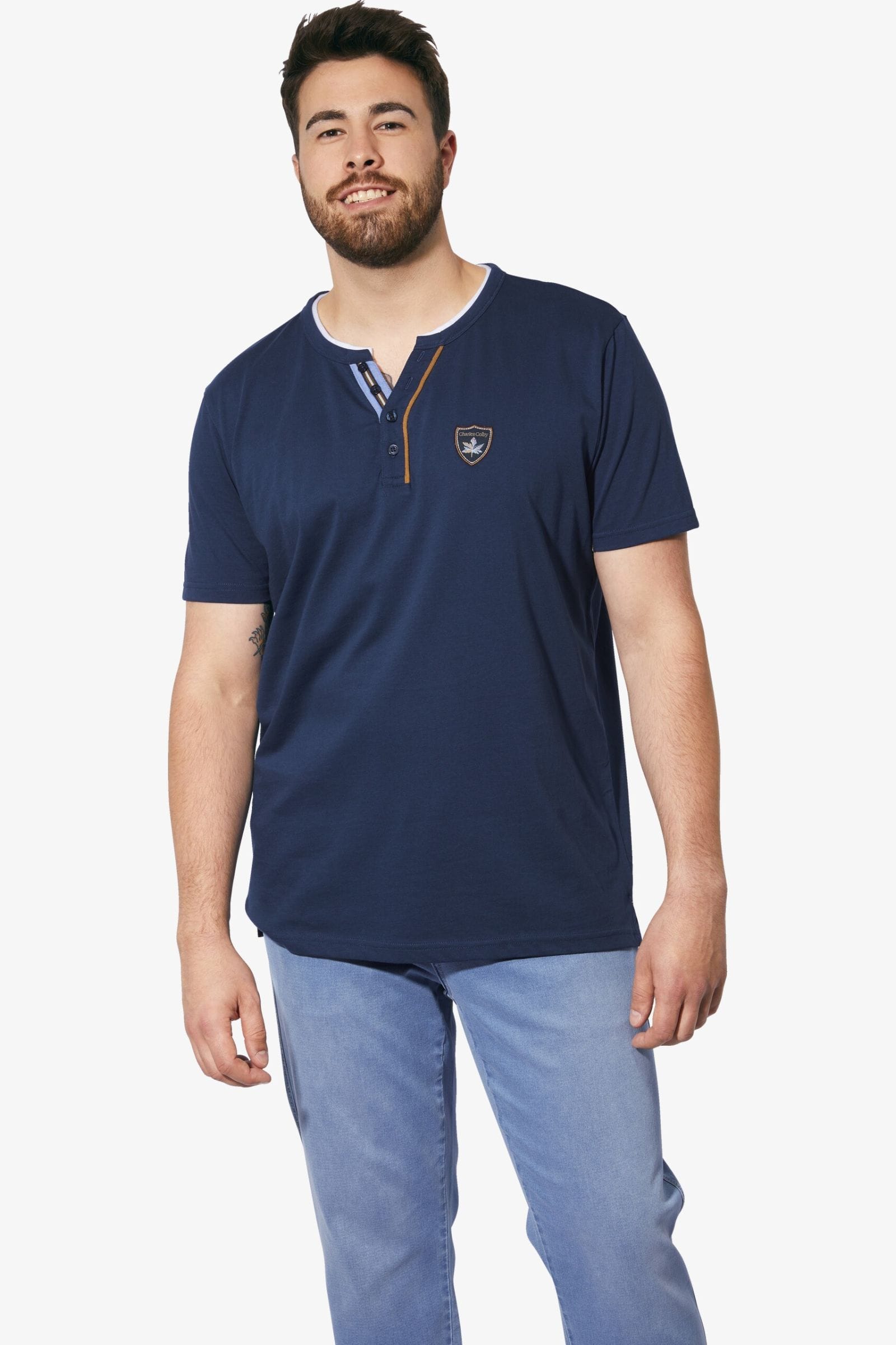 Charles Colby Comfort Fit t-shirt henley dark blue, One Colour ...