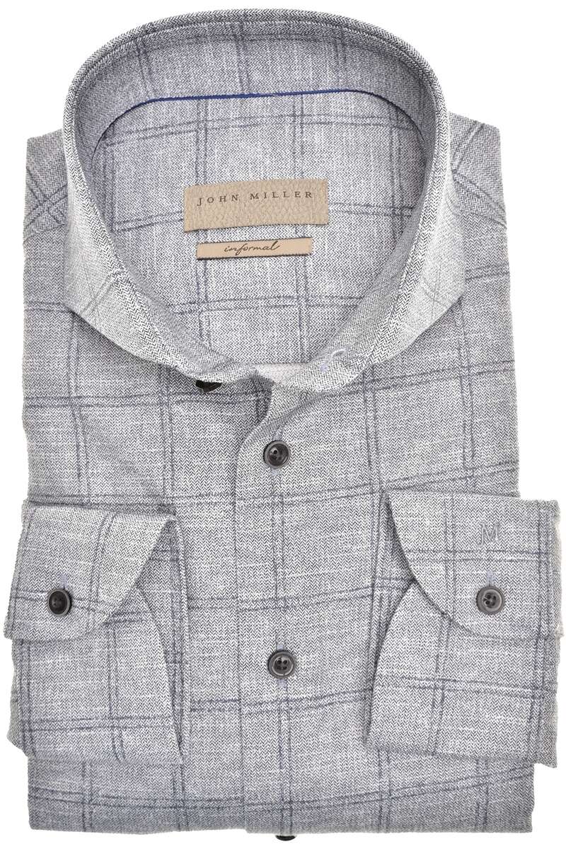 John Miller Tailored Fit Overhemd lichtgrijs, Plaid, gebreid patroon ...