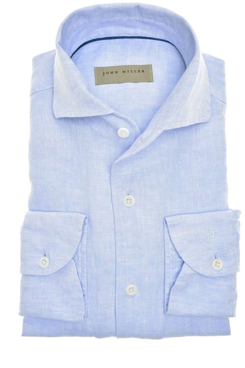 John Miller Slim Fit Linnen Overhemd lichtblauw, Effen | Overhemden.com