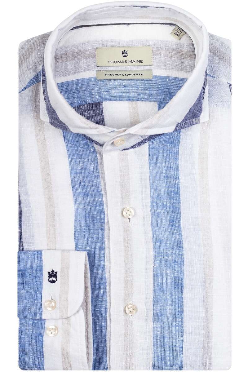 Thomas Maine Tailored Fit Linnen Overhemd blauw/wit, Gestreept ...